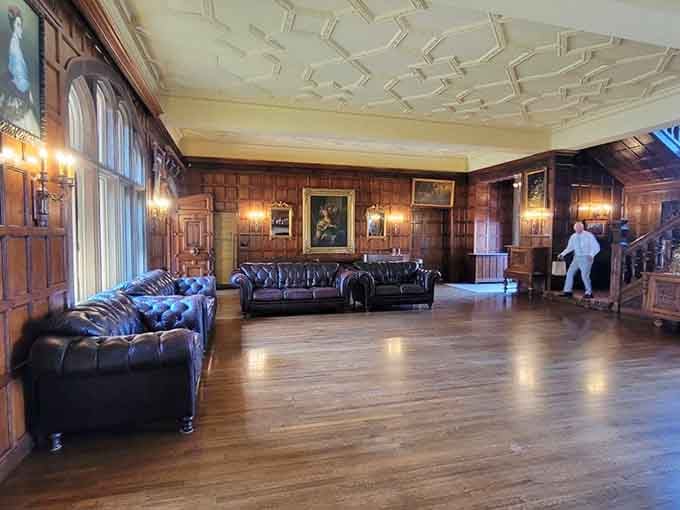 The Grand Foyer with leather sofas that have witnessed more elegance than most of us will in a lifetime.