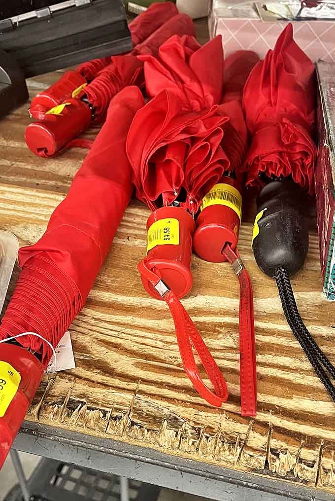 A splash of red in a sea of bargains. These umbrellas have stories to tell about rainstorms weathered and puddles conquered.