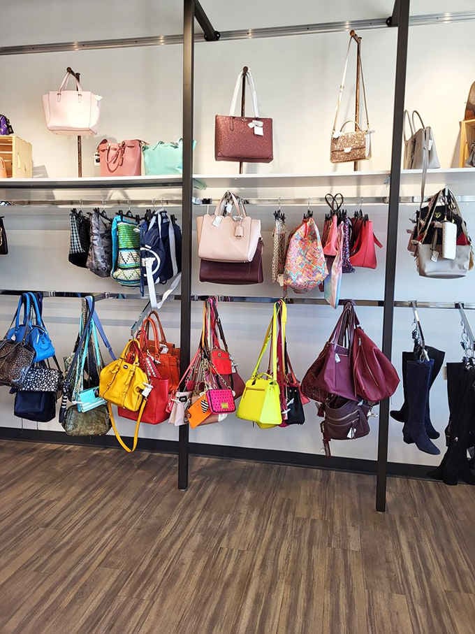 Designer handbags lined up like colorful soldiers ready to complete your outfit and boost your confidence exponentially.