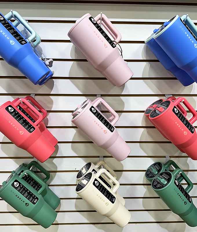 Reusable water bottles in every color, because staying hydrated should match your outfit and your budget simultaneously.