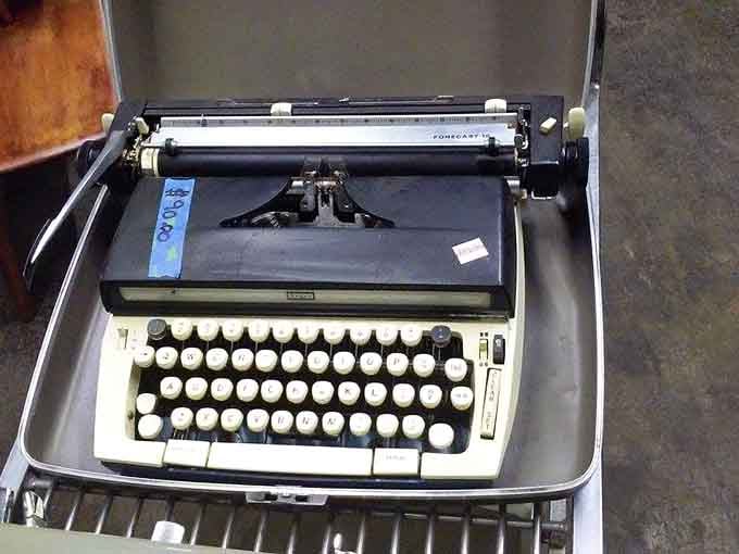 This vintage typewriter awaits its next great American novel, or at least a strongly worded letter to the neighborhood association about proper lawn maintenance.