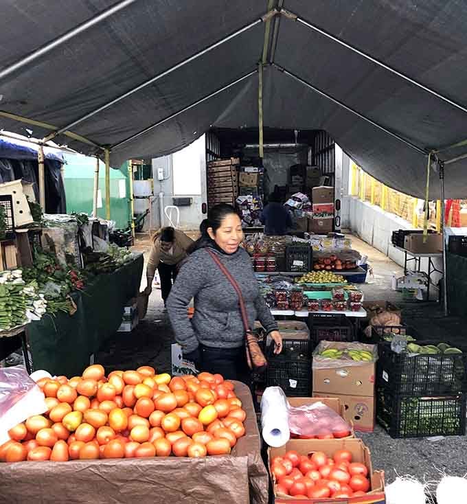 Fresh produce under outdoor canopies brings farmers market vibes to the flea market experience every single weekend.