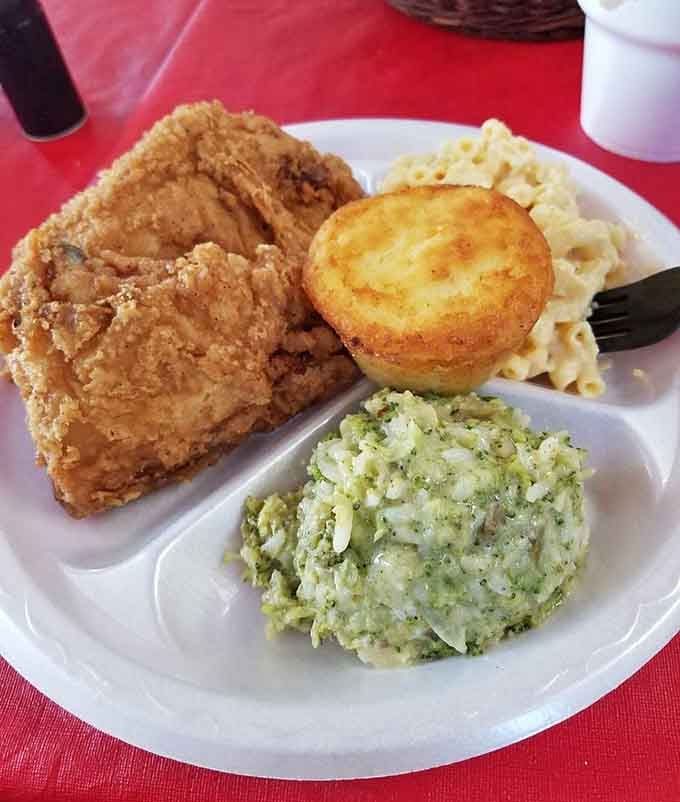 This plate of fried chicken, broccoli casserole, and mac proves Southern sides are never supporting actors.