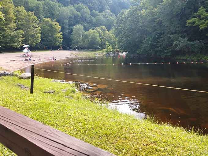 The swimming area's roped-off section keeps everyone safe while they enjoy that refreshingly cold mountain water.