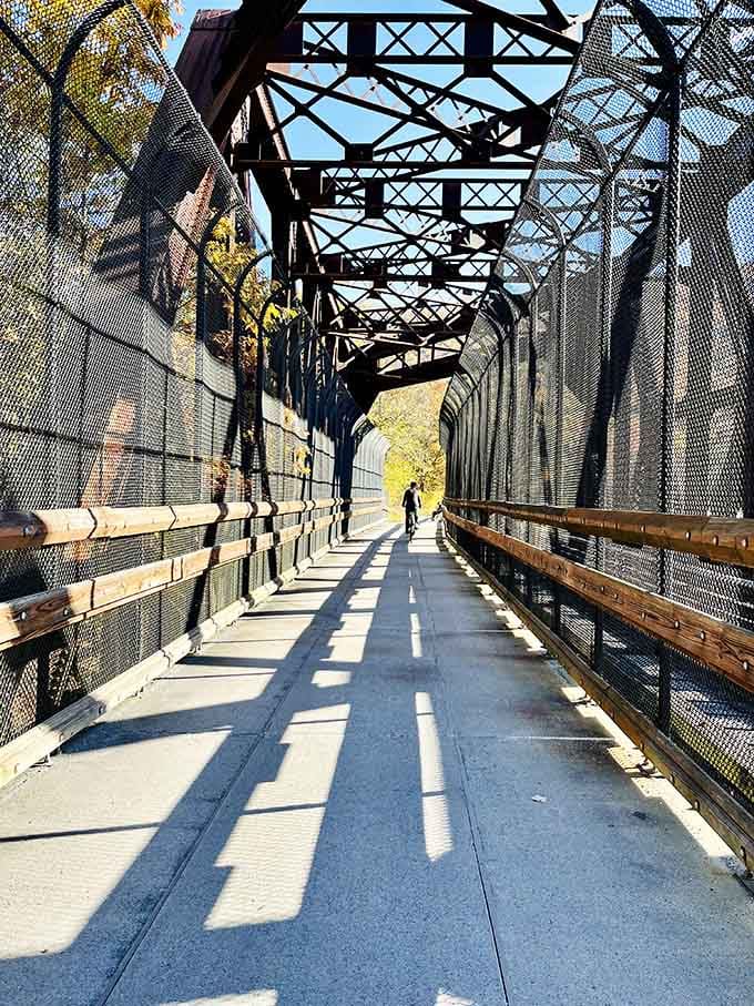 The bridge's industrial bones create a perfect frame for outdoor adventures. Sunlight plays peekaboo through the metal latticework, guiding travelers to the other side.