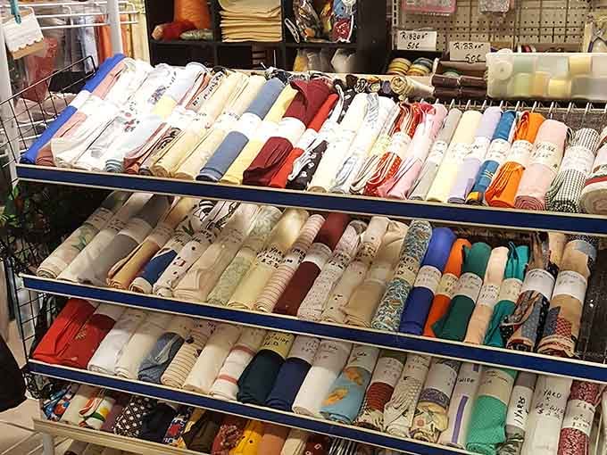 Neatly folded fabrics in every pattern imaginable—from Southwestern designs to vintage florals—await crafters with vision and bargain hunters with patience.