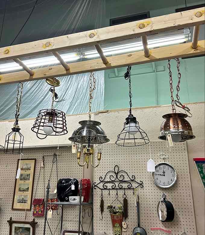 Industrial-chic pendant lights dangle overhead, each one a conversation starter that'll illuminate your home with character and style.
