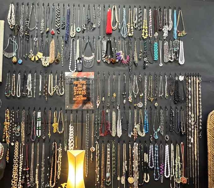 A wall of wearable history&mdash;each necklace tells a different story, waiting for the right person to continue its journey.