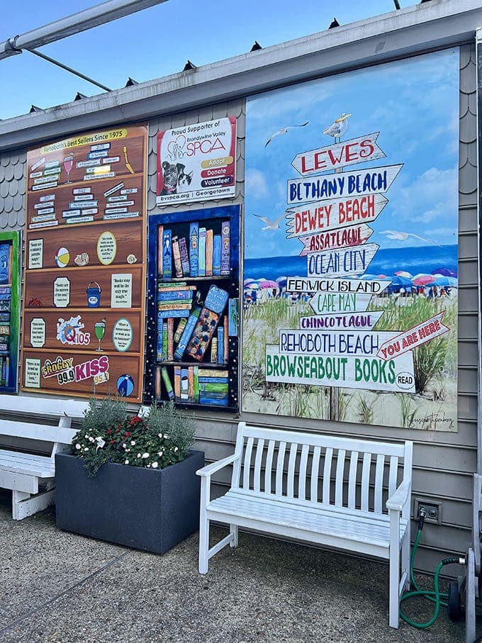 Beach town directions painted with whimsy&mdash;a colorful reminder that all literary roads lead to Browseabout Books.