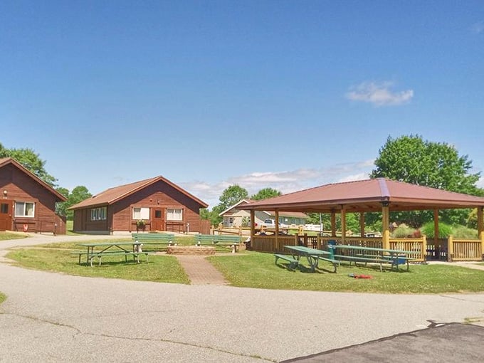 Rustic cabins and picnic areas prove Harkness isn't all high society. Sometimes the best mansion experience includes a sandwich at a weathered picnic table.