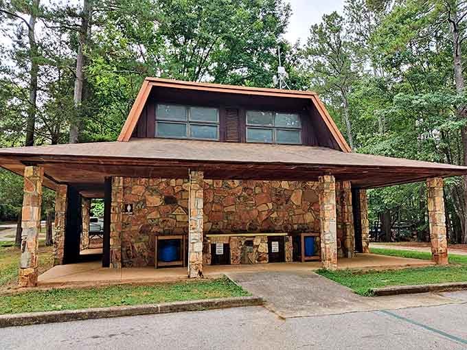 Rustic meets functional in this stone pavilion. The perfect shelter for picnics, gatherings, or simply admiring the surrounding natural beauty.