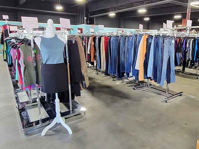 The clothing section stretches into the distance like a fashion time machine, where yesterday's trends await their inevitable comeback.