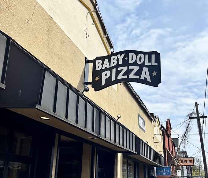Baby Doll Pizza: That classic hanging sign promises New York attitude in Portland packaging. No frills, just thrills for your taste buds.
