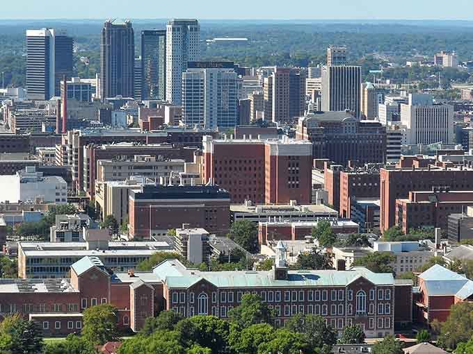 This aerial view captures city charm where everyone knows the best shortcuts and secret parking spots.