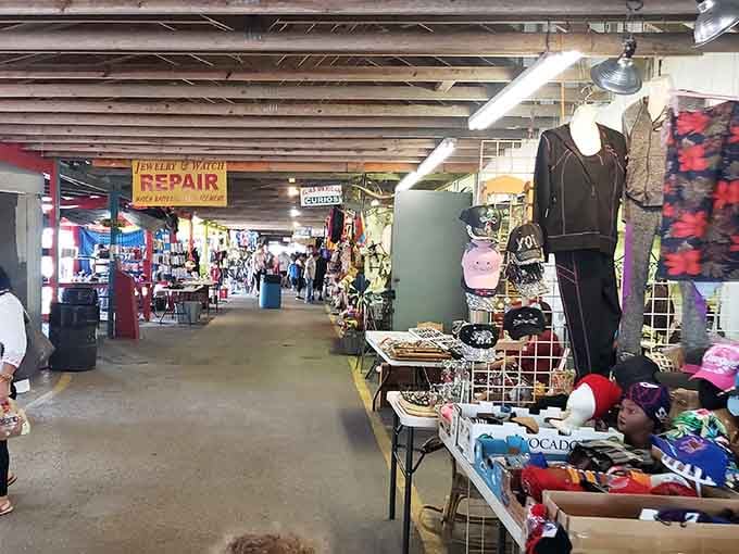 That jewelry repair sign reminds us this market serves the community beyond just selling—it's a neighborhood gathering place.