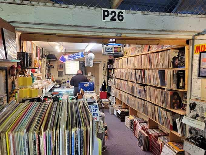 Vinyl records fill every shelf in this music lover's paradise where classic albums wait for their turntable comeback.