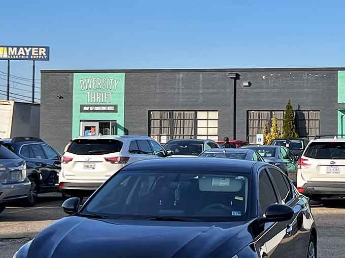 That packed parking lot and mint green signage suggest locals know something wonderful waits inside these walls.