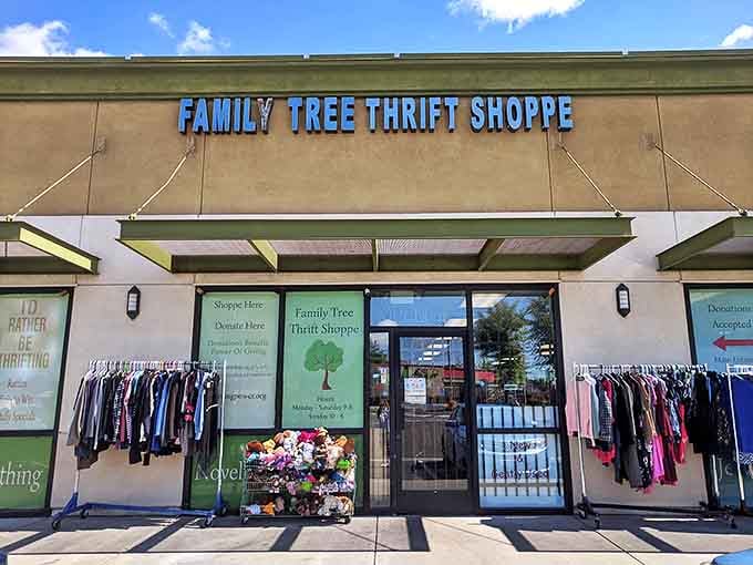 Family Tree Thrift Shoppe's cheerful signage and outdoor displays create an irresistible invitation to browse and discover.