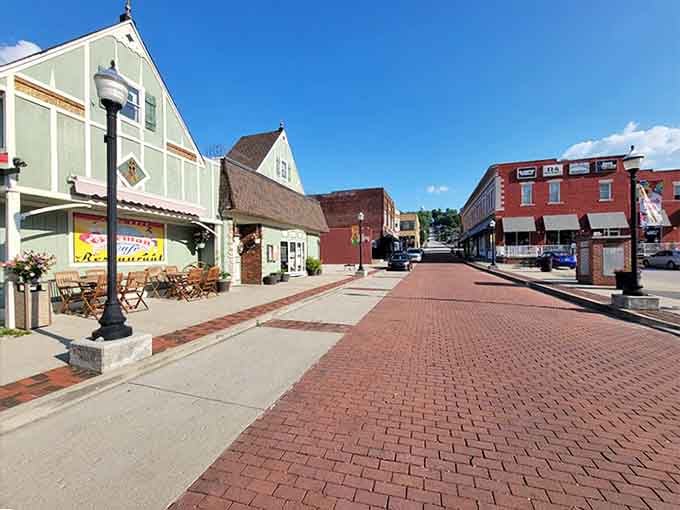Wide brick pavers stretch invitingly through downtown where cafe tables and hanging baskets add European flair to Midwestern hospitality.