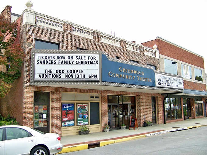 The community theater marquee announces upcoming shows to neighbors who actually attend them and know the performers.