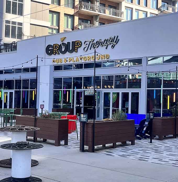 Colorful outdoor games and modern architecture blend perfectly for adults who never outgrew their love of recess time.