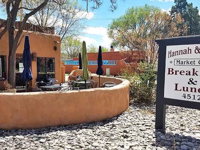 Hannah & Nate's adobe walls and patio umbrellas create the perfect setting for breakfast in the New Mexico sunshine.