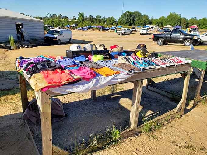 Rainbow-bright t-shirts on a rustic wooden table prove that simple displays often showcase the best bargains around.