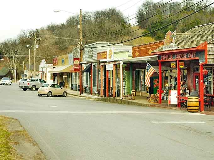 Lynchburg's historic storefronts fly American flags proudly, a picture-perfect slice of small-town Tennessee charm.