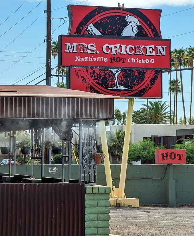 Mrs. Chicken's vintage sign beckons like a beacon for Nashville hot chicken lovers lost in the Arizona desert heat.