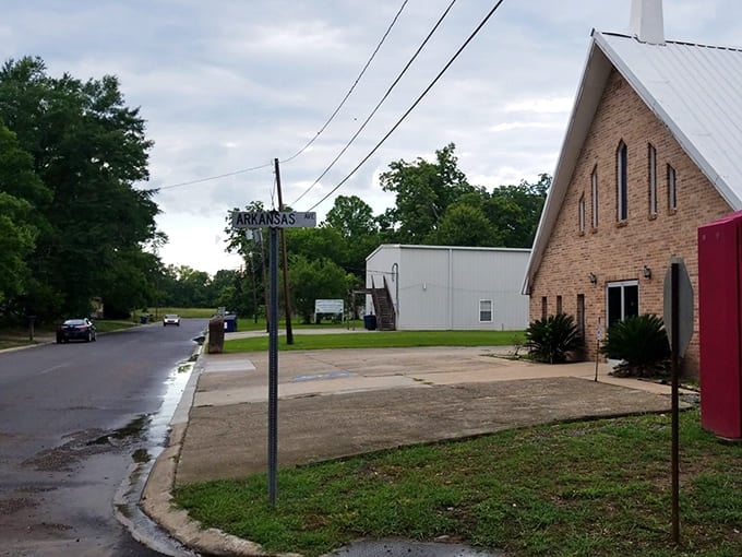 A quiet street corner in Opelousas, where brick churches and modest homes create a peaceful setting that's easy on both eyes and wallet.