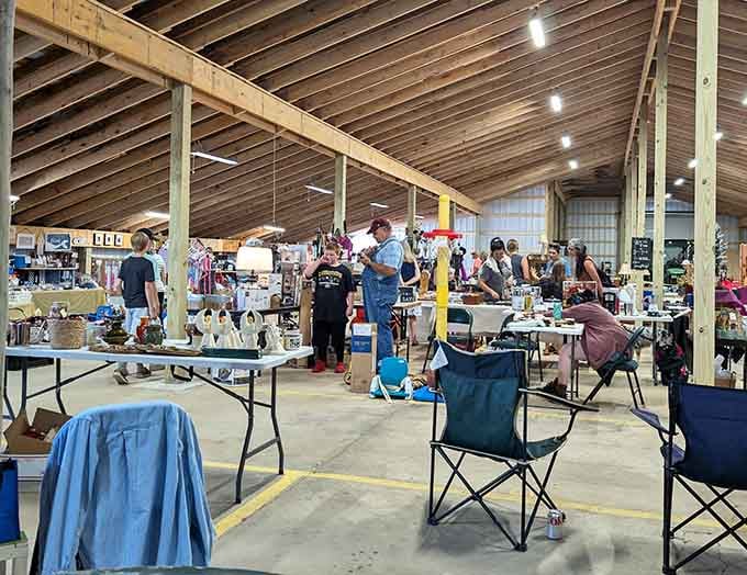 Exposed wooden beams and modern lighting blend perfectly, giving this market an upscale barn vibe.