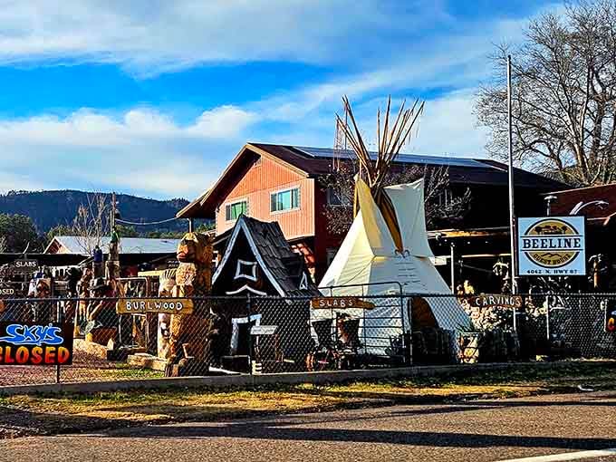 Roadside charm meets mountain authenticity where tepees and folk art create an unforgettable welcome to high country living.