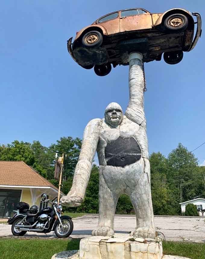 Queen Connie lifts her automotive trophy high, creating Vermont's most delightfully absurd roadside photo opportunity ever.