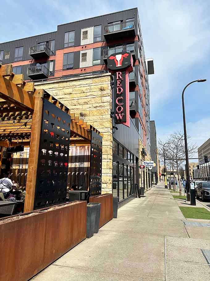 Modern architecture meets neighborhood charm where that outdoor patio invites you to linger over exceptional burgers and conversation.