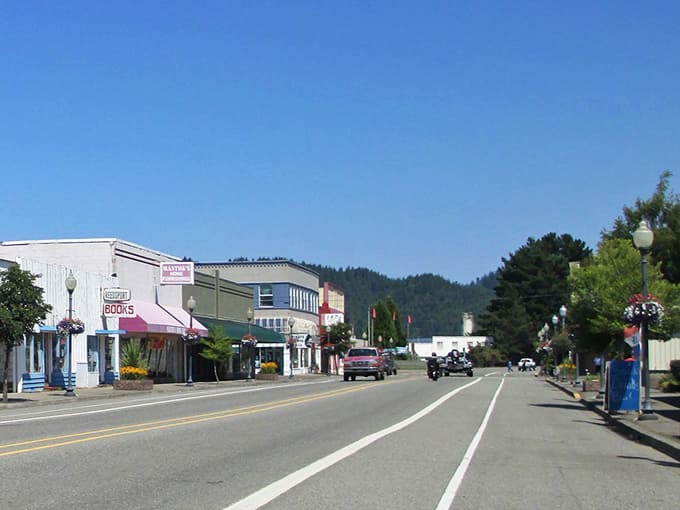 Forested hills embrace this small town where painted storefronts add cheerful pops of color year-round.