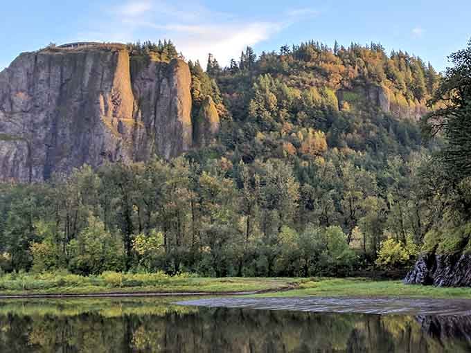 Golden hour illuminates these riverside cliffs where the Rogue River reflects the day's final warm light perfectly.