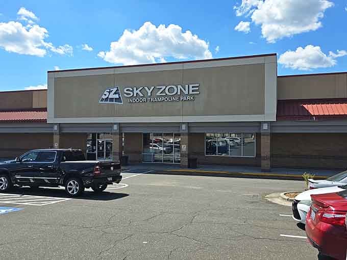 Sky Zone's straightforward signage promises exactly what's inside: wall-to-wall trampolines and gravity-defying good times for all ages.