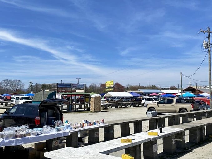 Stone tables line up like soldiers under open sky, each one holding someone's potential treasure waiting patiently.
