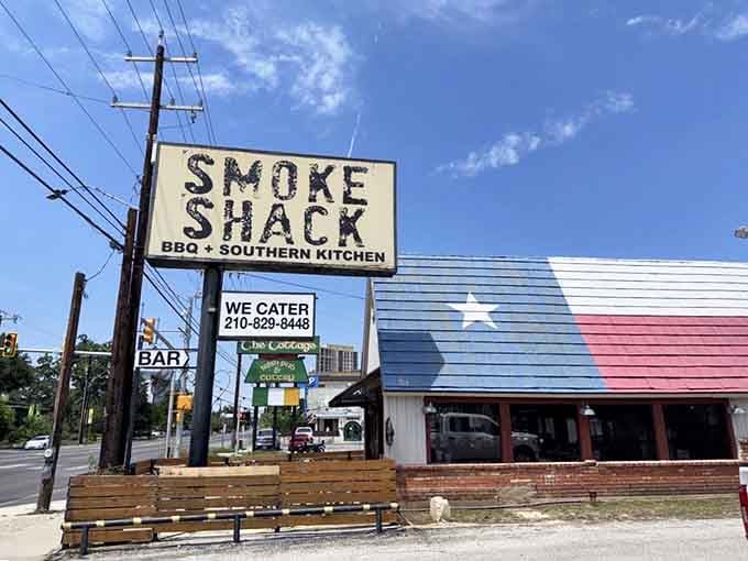 The Smoke Shack's Texas flag-painted exterior isn't just patriotic—it's a beacon for BBQ pilgrims seeking smoky salvation on San Antonio's Broadway.