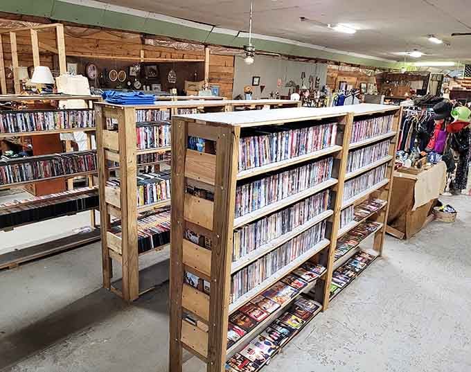 Books and media line these sturdy shelves like a library where everything's actually for sale at bargain prices.