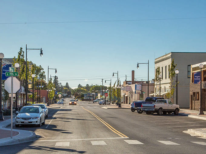 Wide streets and blue skies frame this charming downtown where life moves at the perfect pace for exploring.