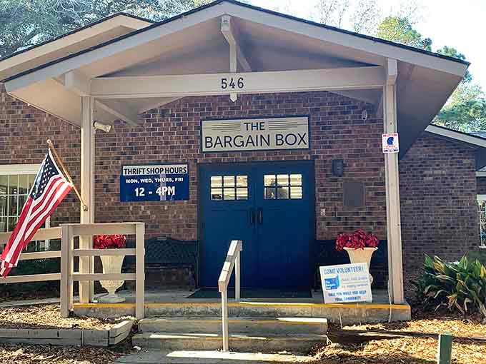 Those bold blue doors frame the entrance like a portal to bargain-hunting paradise awaits.