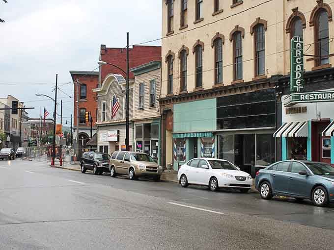Historic main street architecture showcases the bones of America's industrial past wrapped in timeless charm.
