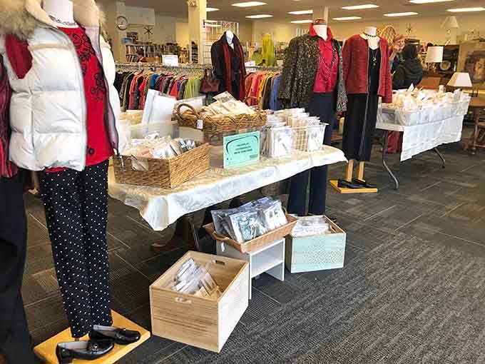 Thoughtfully arranged displays and wicker baskets create a boutique atmosphere where every purchase supports an important community mission.