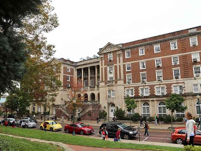 The grand college building with its columned entrance looks like it belongs in an Ivy League catalog, impressive and timeless.