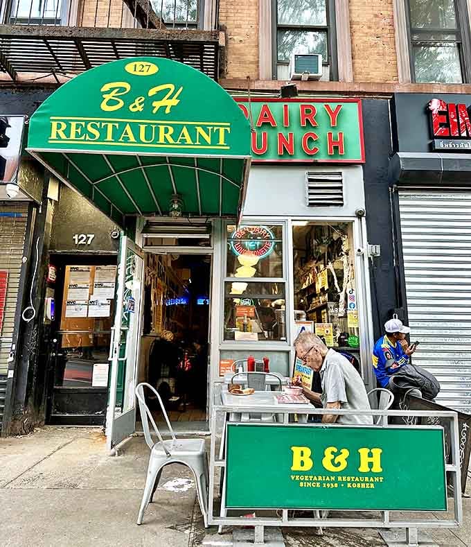 That iconic green awning at B&H Dairy &ndash; where challah dreams and tuna melts have sustained generations.