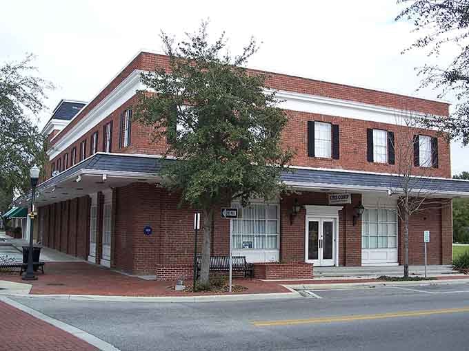 Classic brick buildings with covered walkways create a welcoming atmosphere, where every corner tells a story.
