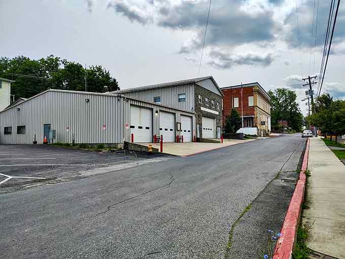 A quiet street in Berkeley Springs reveals the town's practical side, where everyday life continues alongside historic architecture.