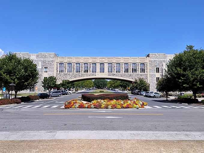 That limestone bridge connects campus buildings while creating an architectural moment worthy of any college brochure or postcard.