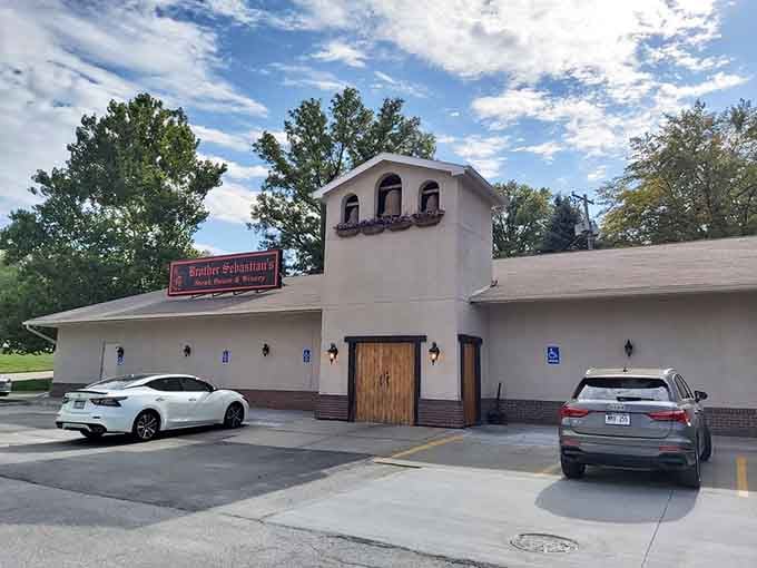 The stucco walls and tower of Brother Sebastian's create a uniquely peaceful steakhouse setting. Meat meditation begins here!